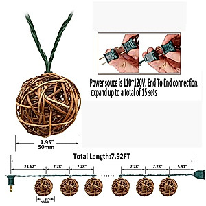 LIDORE 10 Counts Natural Rattan Balls String Light. Warm White Light for Patio, Wedding, Garden and Party Brown Rattan and Green Cord (Rattan)