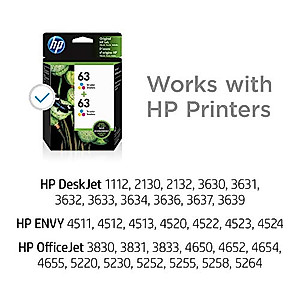 HP 63 | 2 Ink Cartridges | Tri-color | Works with HP DeskJet 1112, 2100 Series, 3600 Series, HP ENVY 4500 Series, HP OfficeJet 3800 Series, 4600 Series, 5200 Series | F6U61AN
