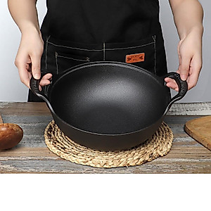 Firequasar Cast Iron Wok with Loop Handle, Large Wok Stir with Dual Handle, Pre-Seasoned Woks & Stir-Fry Pans (11" inch)