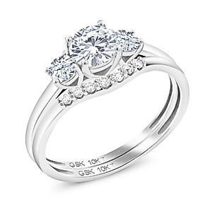 10K White Gold Forever Classic Moissanite From Charles & Colvard and White Created Sapphire and Lab Grown Diamond 3-Stone Bridal Engagement Wedding Ring Set For Women (0.83 Cttw, Round 5MM, Size 7)
