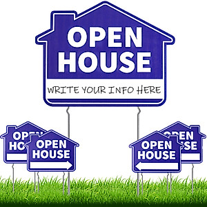 5 Pcs Open House Signs for Real Estate with Stakes 12 x 16 Inches Large Open House Sign Double Sided Estate Sale Signs with Directional Arrows Real Estate Agent Supplies (Blue)