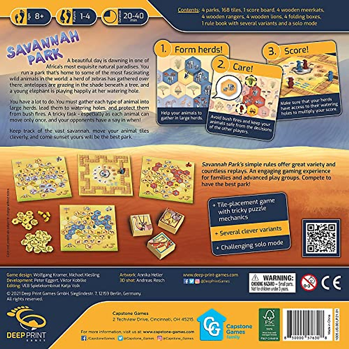Capstone Games: Savannah Park, Strategy Board Game, Simple Gameplay, Highly Interactive Strategies, 1 to 4 Players, 20 to 40 Minute Play Time, Ages 8 and Up