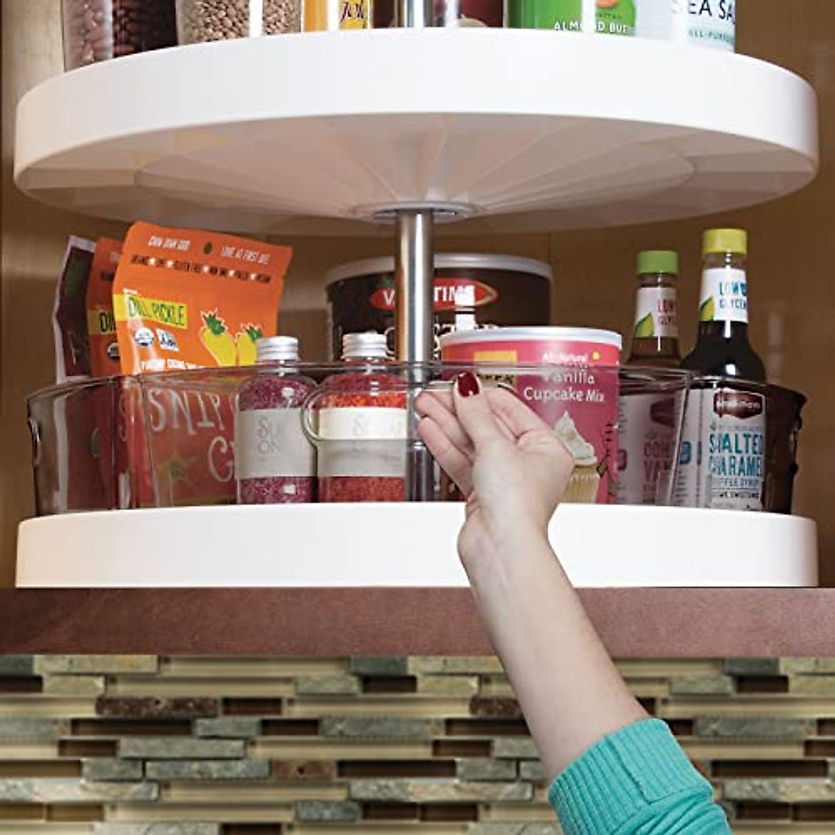 mDesign Plastic Lazy Susan Cabinet Storage Bin with Front Handle for Kitchen Countertop, Pantry, Shelf, Fridge Organization - Hold Food, Drinks, Snacks, Fruit, Vegetables - 4 Pack - Smoke Gray