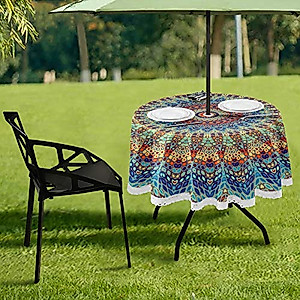 Qilmy Mandala Outdoor Tablecloth 60 Inch Waterproof Round Tablecloth with Umbrella Hole and Zipper for Backyard Party BBQ Decor