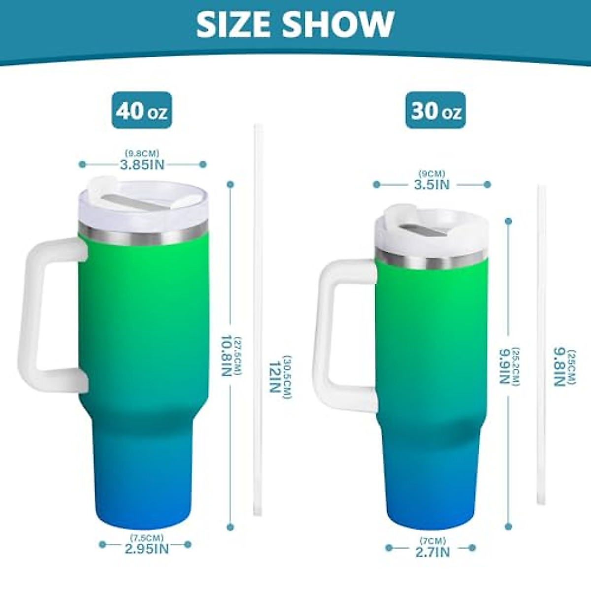 MCHIVER Green Blue Gradient 30 oz Tumbler with Handle and Straw Stainless Steel Vacuum Water Bottle Leak-proof Travel Coffee Mug Insulated Cup for Office Home Car