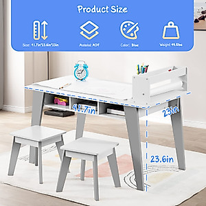 Kids Art Table, 2-in-1 Kids Craft Table and Art Table and Chairs Set with 2 Stools and 3 Storage Drawers, Wooden Drawing and Painting Art Easel Set, Kids Toddler Activity Table (White)