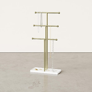 Umbra Trigem Hanging Jewelry Organizer Tiered Tabletop Free Standing Necklace Holder Display, White/Gold