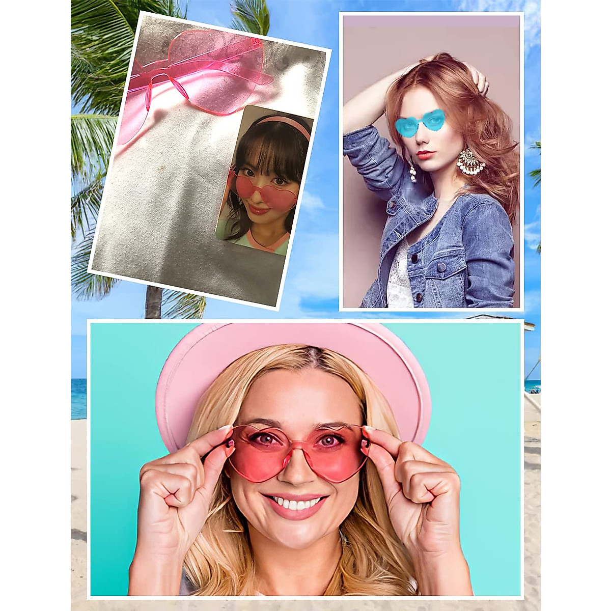 Heart Glasses 9 Pieces, Rimless Heart Shaped Sunglasses, Candy Color Heart Shaped Glasses, Party Sunglasses Heart Sunglasses for Women - Party Favors for Birthday Graduation Beach Pool Party