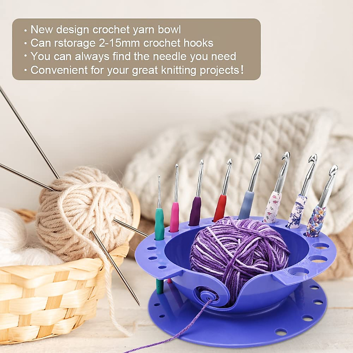 BCMRUN Yarn Bowl Large Knitting Bowl Holder with Crochet Hooks Hole Holder,Knitting Flat Bottom Wool Balls Storage Organizer Yarn Storage Bowl for Women Crocheting Knitting Mother's Day Christmas Gift