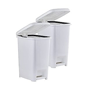 Superio Slim Step On Pedal Plastic Trash Can, Waste Bin for Under Desk, Office, Bedroom, Bathroom, Kitchen (2.5 gal) (White 2 Pack)