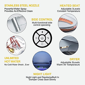 ZMJH Bidet Toilet Seat, Electric Smart Heated Seat with Slow Closes, Vortex Wash, Warm Dryer, Rear and Front Wash, Warm Water, Remote Control, and Night Light, White, A102S-W (Elongated)