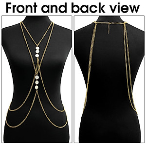 Yomiie Body Chain Layered Sexy Gold Tassels Necklace Fashion White Disc Jewelry Belly Waist Bra Hot Bikini Beach Harness Birthday Anniversary Festival Gift for Women Lady Girls