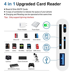 SD Card Reader for iPhone iPad, 4 in 1 Trail Game Camera Memory SD Card Viewer, Portable USB 3.0 OTG Adapter Compatible SD/TF Card for iPhone Adapter with Simultaneous Charging Port, Plug and Play