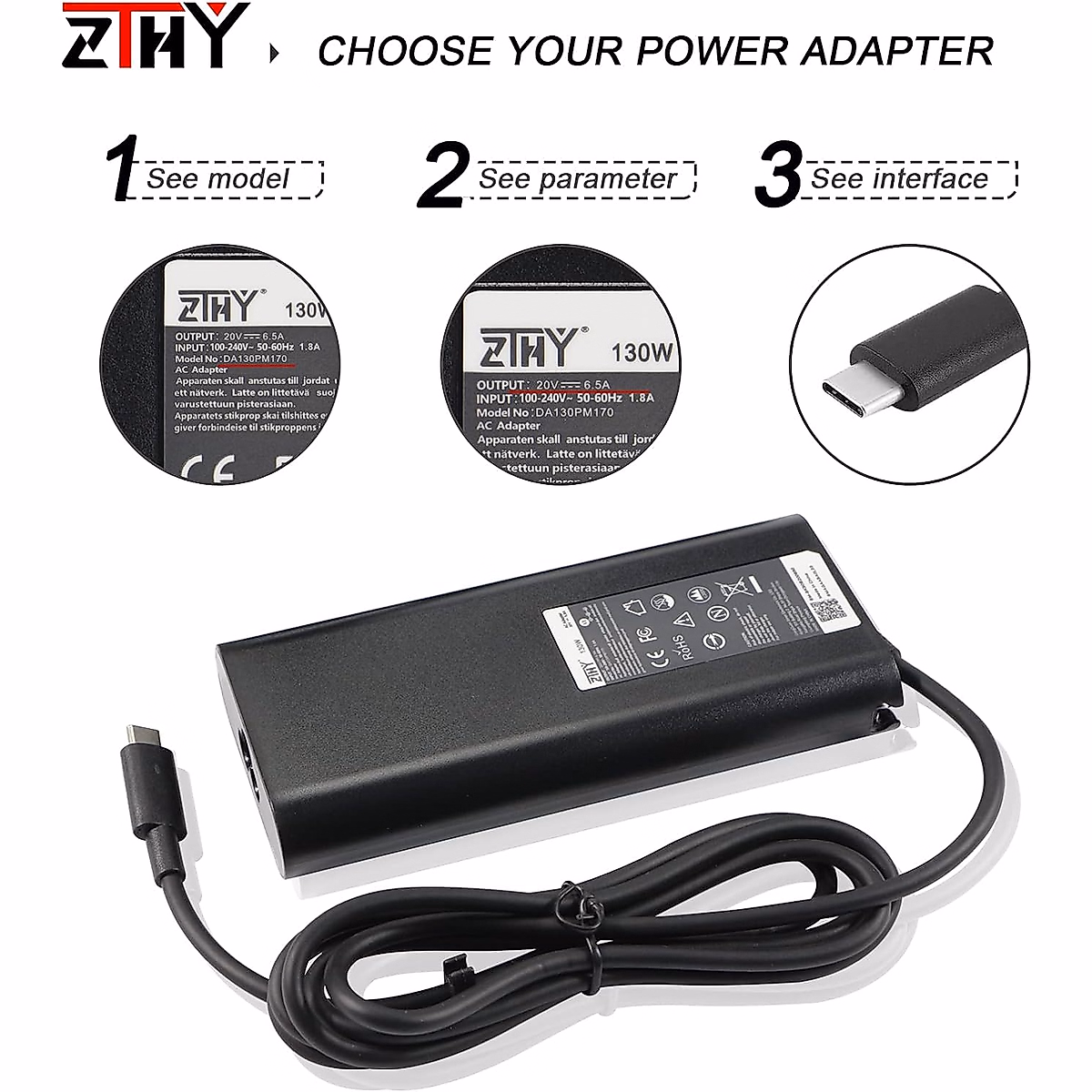 ZTHY 130W USB-C Type-C Laptop Charger Power Supply AC Adapter Replacement for Dell XPS 15 9500 XPS 17 9700 9700 9710 9720 9730 Precision 5750 5760 5770 5560 5550 5520 Latitude 7310 7210 9410 9510