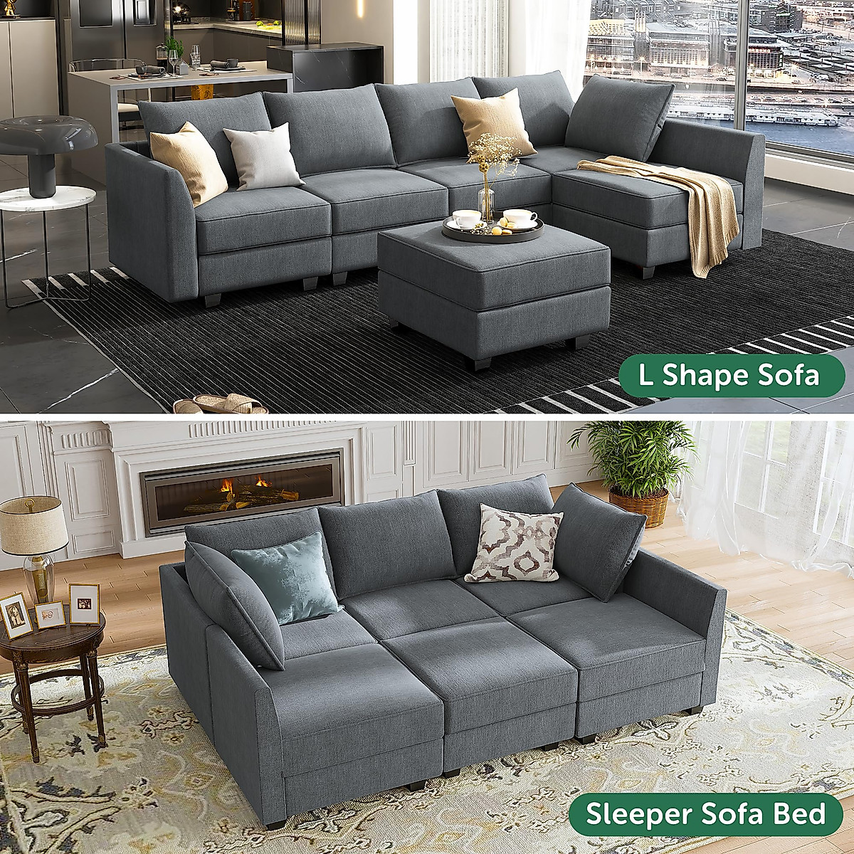 HONBAY Convertible L Shape Sectional Sofa Modular Sectional Couch with Reversible Chaise L Shaped Sofa 4 Seat Couch with Storage Ottoman, Bluish Grey