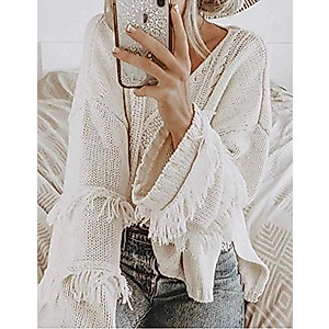 HZSONNE Women's Casual V Neck Tassel Bell Long Sleeve Boho Loose Kimono Cable Knit Pullover Sweater Jumper Tops (White, Large)