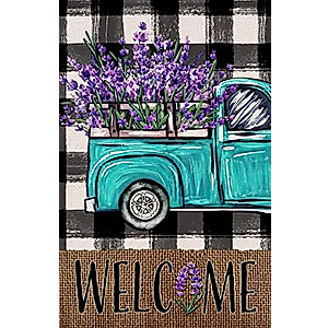 Covido Welcome Spring Blue Truck Decorative Garden Flag, Lavender Flowers Buffalo Plaid Check Yard Outside Decorations, Summer Farmhouse Burlap Outdoor Small Home Decor Double Sided 12 x 18
