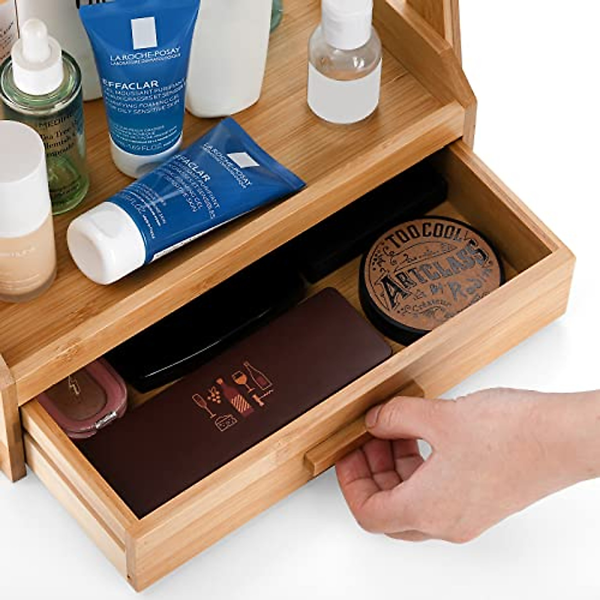 Lyellfe 2 Tier Bamboo Makeup Organizer, Bathroom Counter Organizer with Drawer, Multi-purpose Cosmetic Perfume Display Stand for Skincare, Lipstick, Jewelry, Brush, Easy Assembly