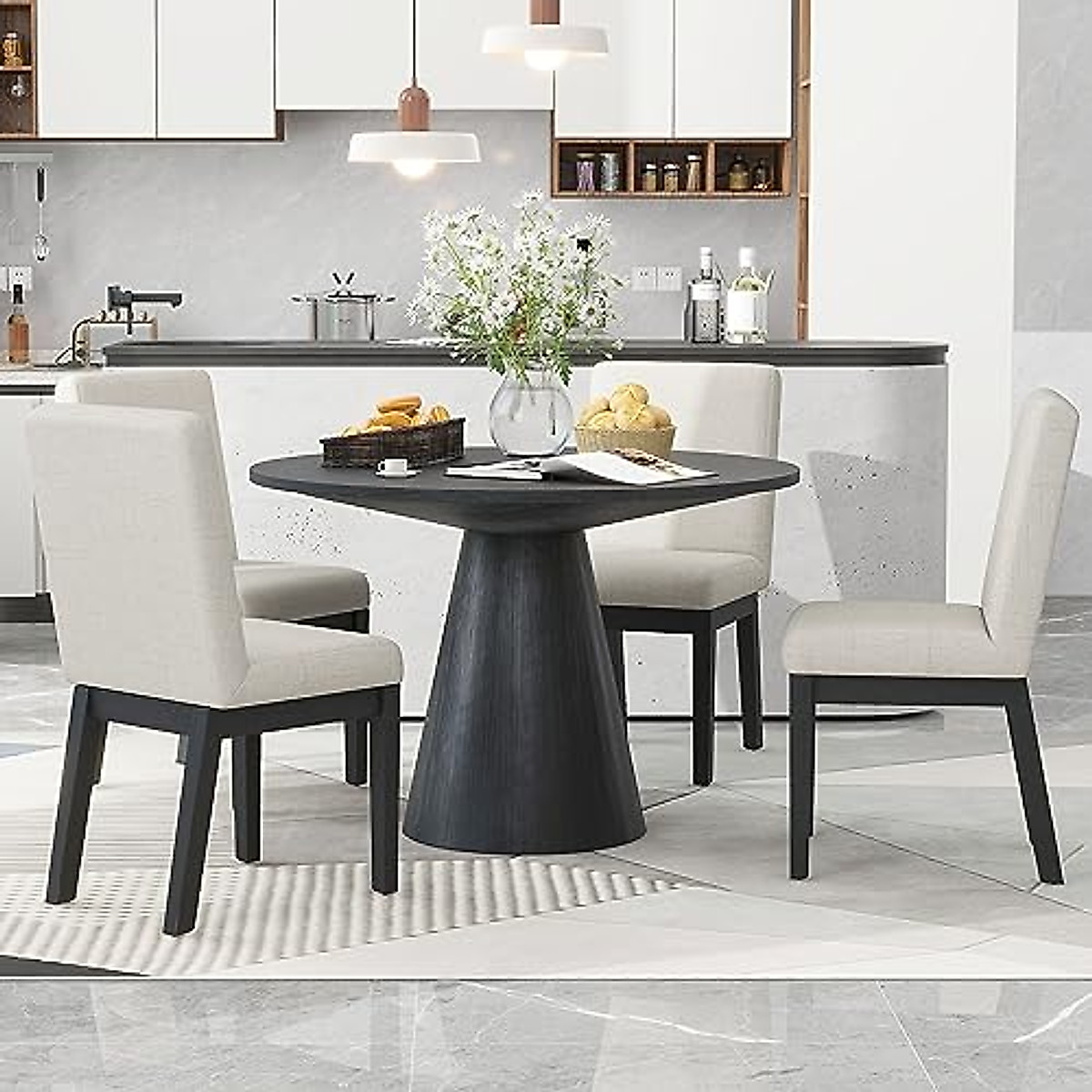 FIQHOME Round Set 5 Piece Retro Style, Wood 4,Kitchen Table and 4 Upholstered Chairs for Living, Dining Room,Black