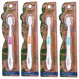 EcoFam by Focus Nutrition Earth Friendly Kids Toothbrushes - Silver Infused Soft Bristle Toothbrush (4 Pack)