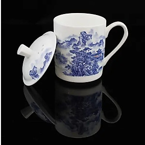 XIYUAN Fine Handmade Ceramics Tea Cup with Lid,(Landscape pattern) Chinese Jingdezhen Blue and White Porcelain Tea Cup Infuser for: Home Party, Office, Reception Room