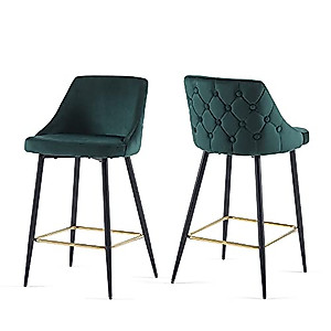 NORDICANA Velvet Button Tufted Barstools Set of 2, 27 inch Upholstered Kitchen Island Counter Dining Chair Soft Upholstered High Stools with Mid Backrest and Footrest, Dark Green