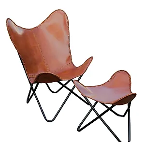 LEATHER JACKSON Brown Butterfly Chair for Relaxing with Folding Iron Frame Vintage Chair Home Décor Genuine Tan Leather Butterfly Chair Handmade Leather Living Room (Tan Brown with Foot Stool)
