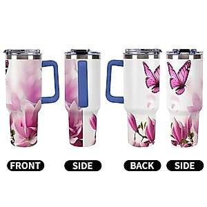 Magnolia Plant Flora Butterfly 40 Oz Stainless Steel Cup Travel Tumbler with Handle and Straw Lightweight Coffee Mug for Home Office