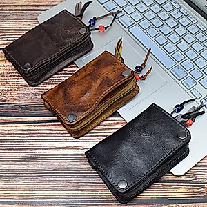 Genuine Leather Keychain Key Case,MoreChioce Card Holder Wallet Cowhide Leather Smart Keychain Protector Cover Key Organizer Card Case with 6 Hooks and Zipper,Coffee Color