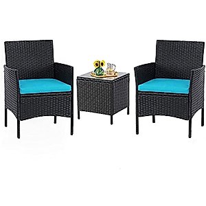 Cemeon 3-Piece Patio Bistro Set Outdoor Conversation Set, Black Wicker Porch Chairs Set Garden Furniture with Coffee Table (Blue Cushion)