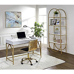 Acme Furniture Lightmane Desk, White High Gloss & Gold