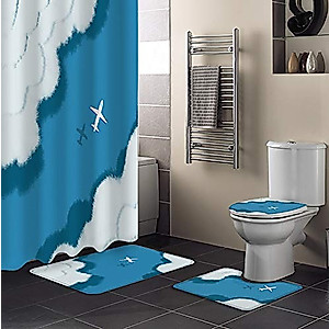 Crystal Emotion 4 Pcs Bathroom Shower Curtains Sets with Rugs, Ocean Sky Cloud, Luxury Toilet Lid Cover, Bath Mat，Waterproof Fabric Shower Curtain with 12 Hooks for Hotel/Bathroom Airplane