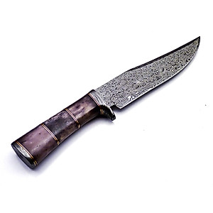 Nooraki BK-30 Handmade Damascus Steel Fixed Blade Bowie Knife with Leather Sheath, Multipurpose Knife with Camel Bone Brass Spicer Handle for Everyday Carry, Camping, Hunting, 12.5" Length