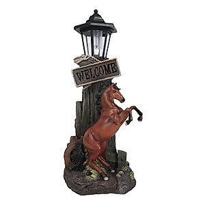 Ebros Large Rustic Country Western Rearing Chestnut Horse by Farm Outpost with Welcome Sign Statue Equipped with Solar LED Lantern Light Stallion Horses Decor Figurine for Patio Poolside Garden Home