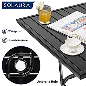 SOLAURA Outdoor Patio Bar Height Table Patio Slat Table Top/Metal Frame, Umbrella Hole for Lawns, Poolside, Deck, Garden