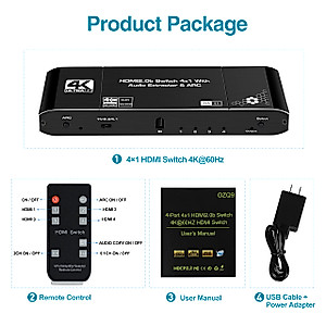 NEWCARE 4K@60Hz 4x1 HDMI Switch Audio Extractor with Optical Toslink SPDIF/Coaxial/3.5mm Audio Out, 4 Ports HDMI 2.0b Switcher with Remote Control Support ARC, HDCP 2.2, 3D, for Xbox, Fire Stick, PS5