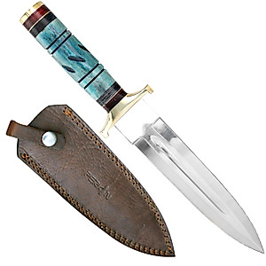 Perkin Hunting Knife - 13” Double Edge Knife - Handmade Knife With Leather Sheath - 440C Razor Sharp Steel Spear Point Blade with Colored Bone Handle for Camping, Tactical, and Survival