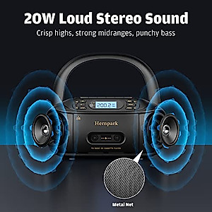 Portable CD Player with Bluetooth, Hernpark Rechargeable Boombox CD Cassette Player Combo with FM Radio Built-in Stereo Sound System/Super Bass/AUX Input/USB Playback/Headphone Jack Output