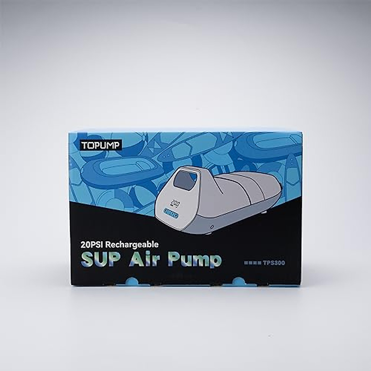 TOPUMP 7800mAh Rechargable SUP Air Pump TPS300,20PSI Electric Paddle Board Pump with Auto-Off Feature, Dual Stage Inflation & Deflation, AC/DC Battery for SUP, Inflatable Tent, Boat, Kayak