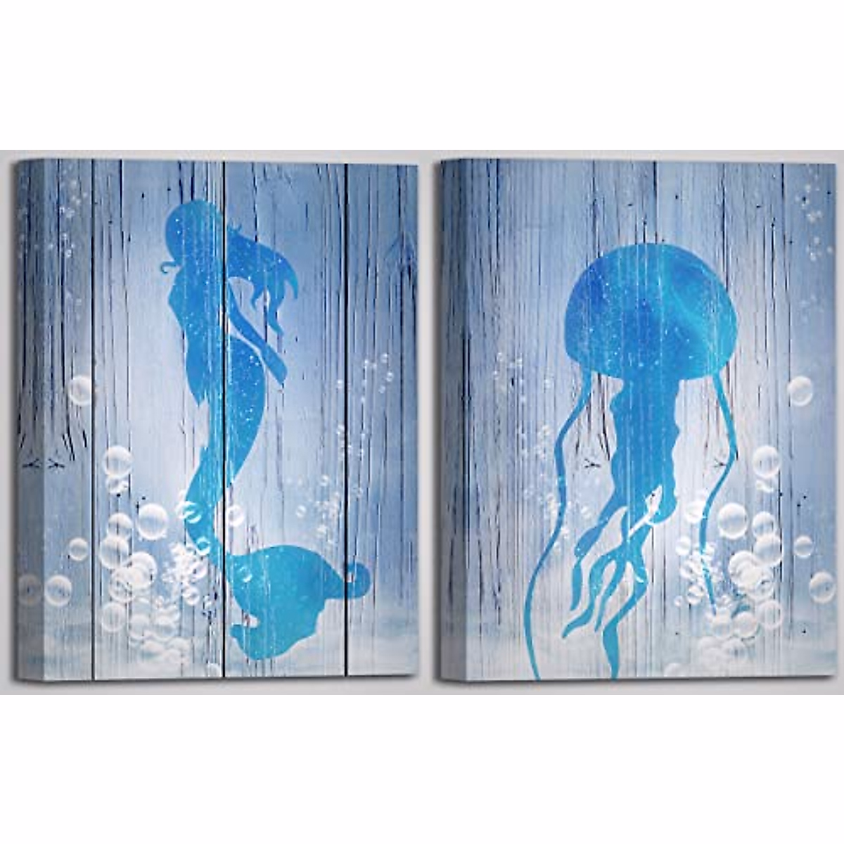 USIXA Mermaid Wall Decor for Bathroom and Girls Room with Set of 2 Panels, Blue Jellyfish Canvas Artwork 12x16 Inches in Wooden Frame