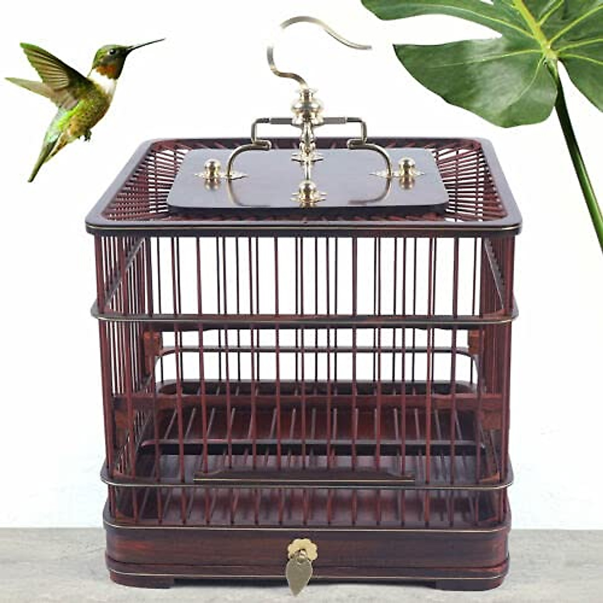 Retro Drawer Style Handmade Dark Red Hanging Type Wood Birdcage Bird Cage Lovebird House with Drawer, Suitable for Family Pet Bird Breeding