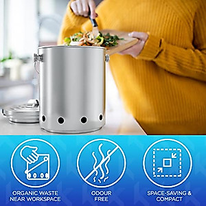 Stainless Steel Compost Bin for Kitchen Counter - Odor-Free Indoor Trash Bin with Clever Air Circulation and Filter [1.3 Gallon] - No Need for Plastic Bags Thanks to The Dishwasher Safe Inner bin