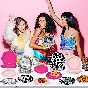 48Pcs Western Cowgirl Party Paper Plates for Cow Print Themed Party Supplies 7" Hot Pink Disco Ball Disposable Dessert Plates for Cowgirl Birthday Bachelorette 80s 90s Disco Shower Party Decorations