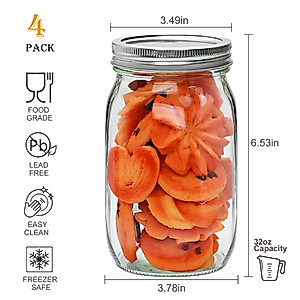 Woaiwo-q Wide Mouth Mason Jars Set, 32oz Clear Glass Jars 4-Pack for Storage, Overnight Oats, Snacks, Jam or Jelly,Canning,Fermenting,Pickling,DIY Projects…