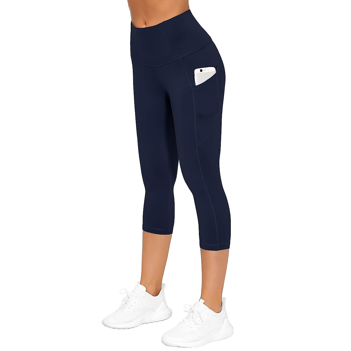 THE GYM PEOPLE Thick High Waist Capris Yoga Pants with Pockets, Tummy Control Workout Running Yoga Leggings for Women Navy Blue