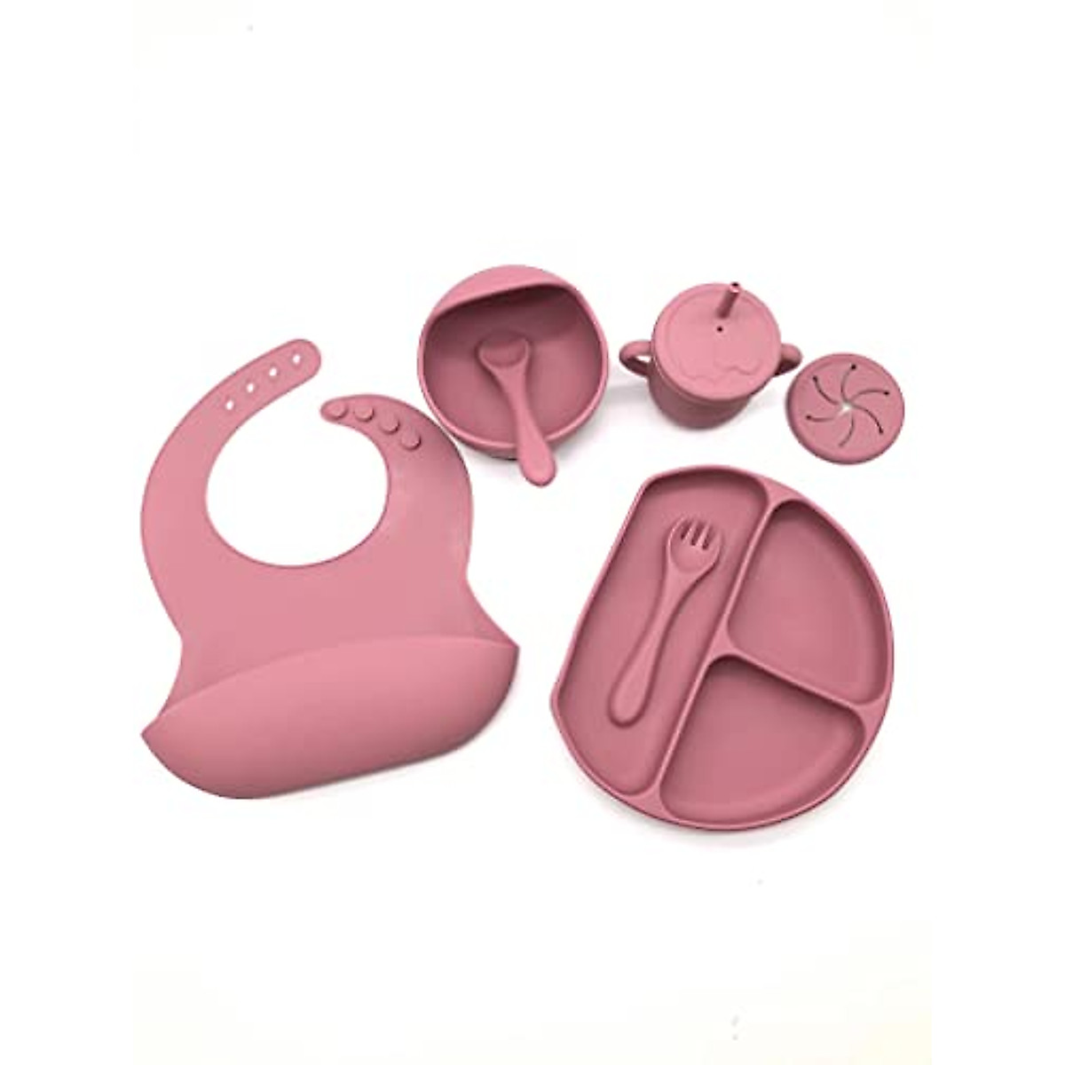 K-Universal Baby Feeding Bibs | 8pc Silicone for Babies Bib Bowl Plate Cup Fork Spoon Adjustable Divided Easily Wipe Clean Less Cleaning Time After Toddler & (Playful pink), One Size