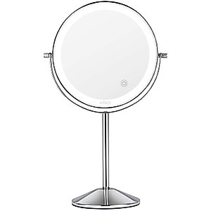 KDKD Lighted Makeup Mirror 7X Magnifying Swivel Vanity Mirror with 72 LED Lights 3 Color Modes, 8 Inch Round Tabletop Standing Polished Chrome Finished Cosmetic Mirror Rechargeable.