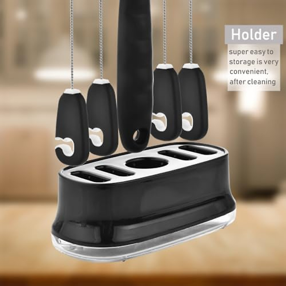 ALINK 5 Pack Water Bottle Brush Cleaning Set with Holder, Bottle Cleaner with Stand, Straw Brush, Nipple Brush, Lid Brush for Stanley 40OZ/30OZ Tumblers, Drinking Glass, Baby Bottles, Jugs - Black