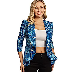SheIn Women's Open Front 3/4 Sleeve Blazer Allover Print Shawl Collar Cardigan Jacket Black Small