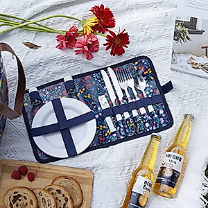 WILLOW WEAVE Portable Picnic Basket Set with Service for 2, Sturdy Woven Base & Canvas Picnic Beach Tote Bag with Drawstring Closure & Insulated Lining, for Outdoor Events, Shopping - Blue Floral